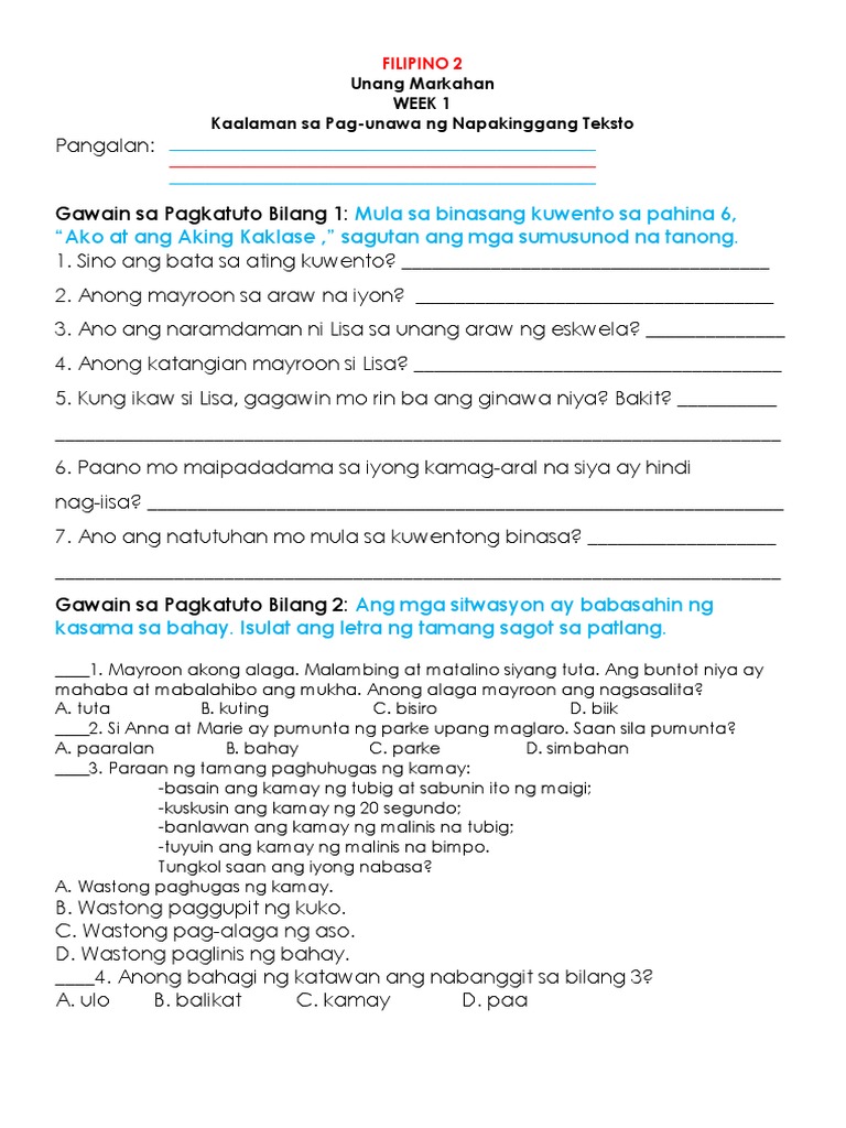 Filipino ANSWER SHEET Q1 Weeks 1 8 | PDF