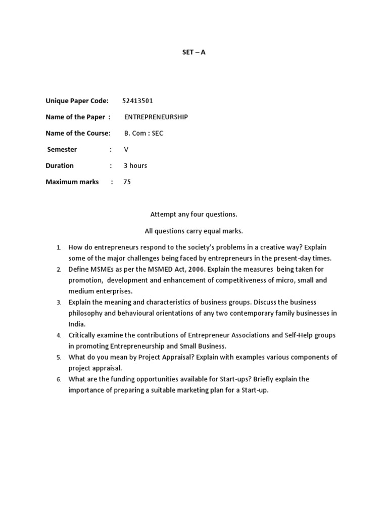 Entrepreneurship Question Paper | PDF | Career & Growth | Business
