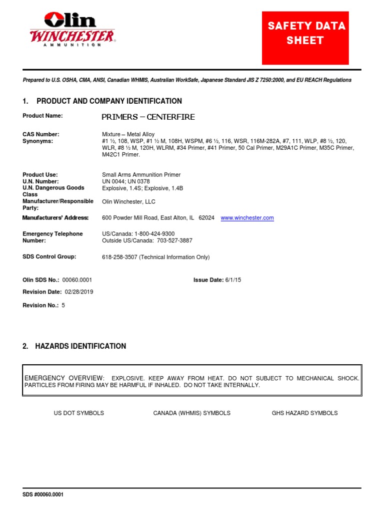 Safety Data Sheet: Primers - Centerfire | PDF | Dangerous Goods ...