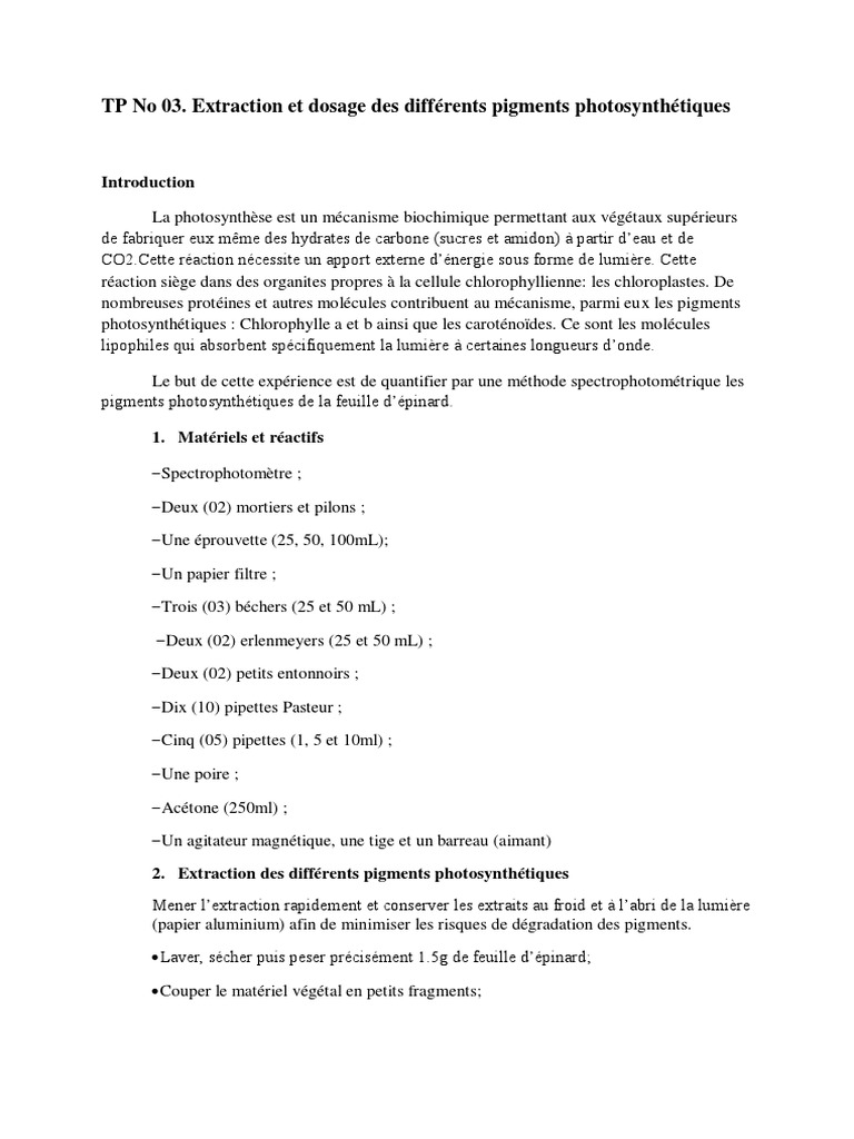 Extraction et dosage de chlorophylle | PDF | Photosynthèse | Chlorophylle