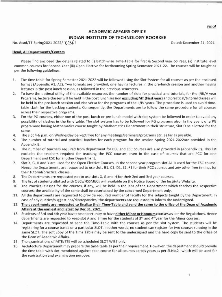 Slot Wise Time Table For Spring Semester 2021-2022 | PDF | Physical ...