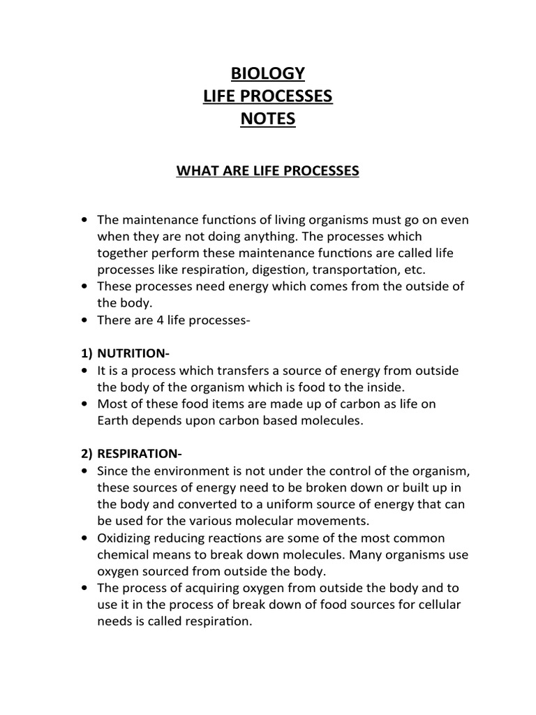 Biology Life Processes Notes | PDF | Cellular Respiration | Life Sciences