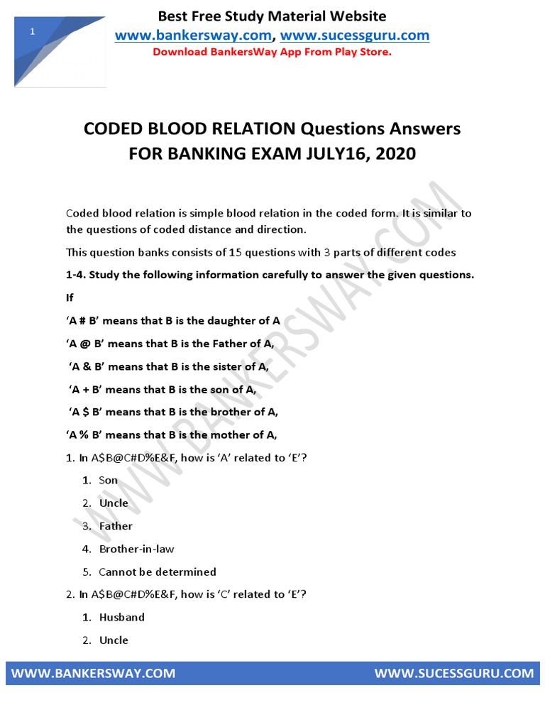 CODED BLOOD RELATION Questions Answers For Banking Exam July16, 2020 ...