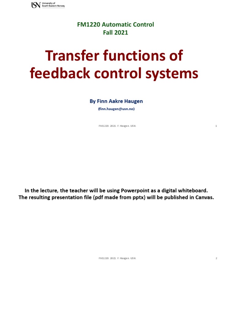 Transfer Function Models of Feedback Control Systems - FM1220 - 2021 | PDF