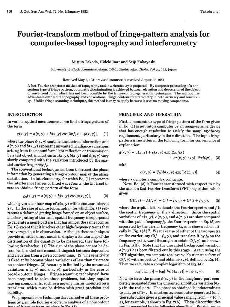 Takeda Fourier Transform Method Of Fringe Pattern Analysis Pdf Interferometry Logarithm