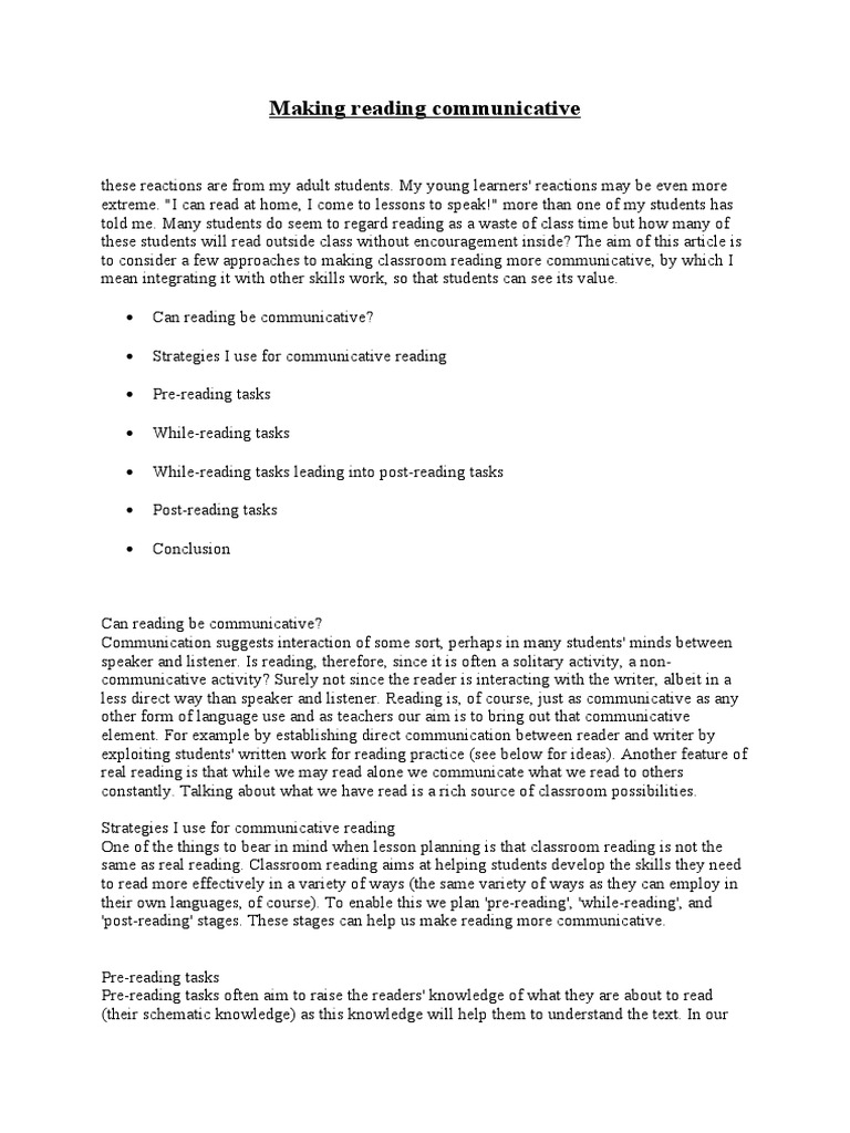 Making Reading Communicative Pdf Applied Psychology Teaching