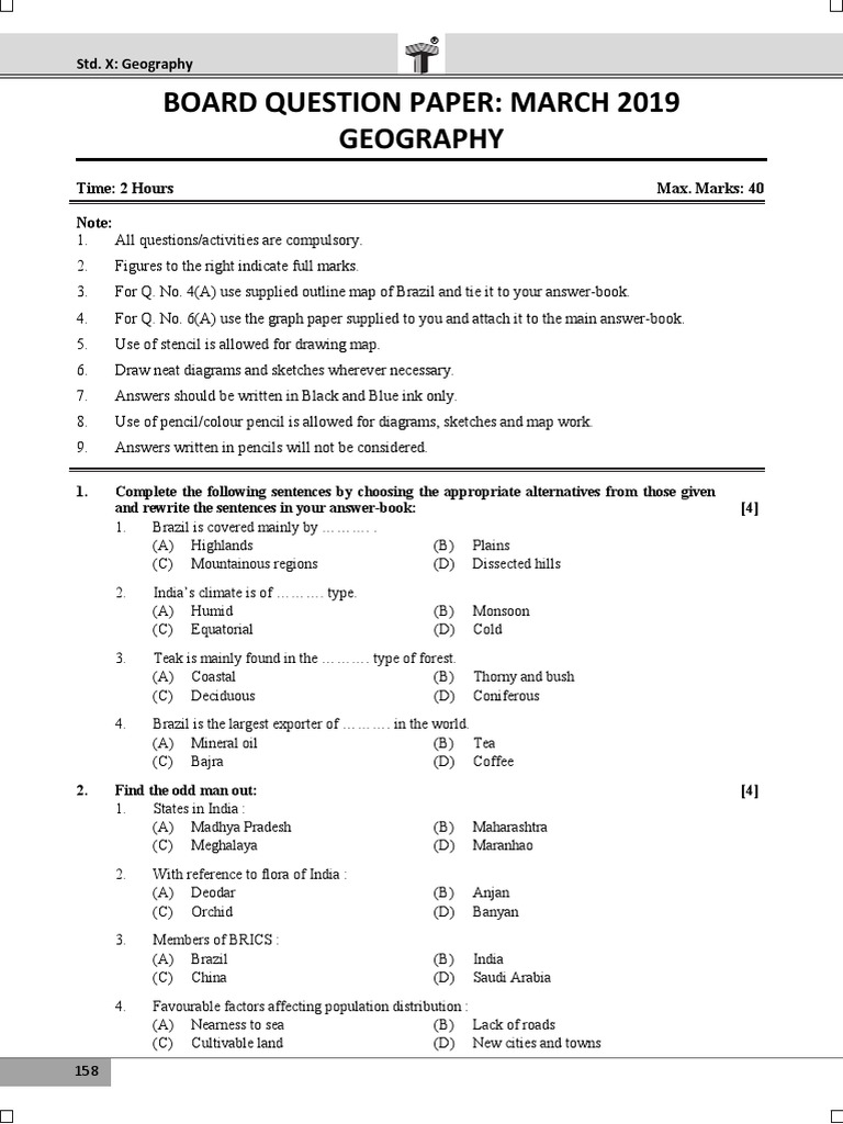 Board Question Paper: March 2019 Geography | PDF | Urbanization | Geography