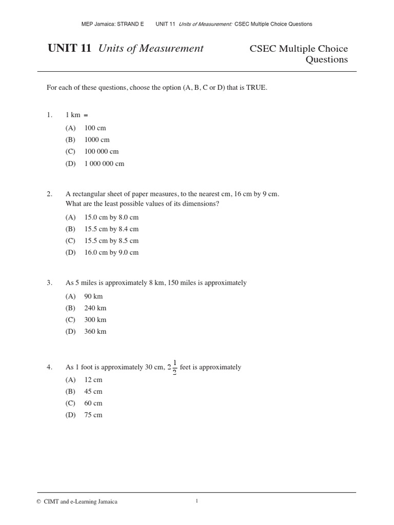 Csecmultiplechoice - Units of Measurement | PDF