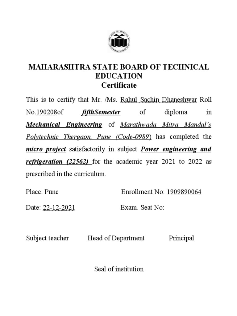 Maharashtra State Board of Technical Education Certificate: Mechanical ...