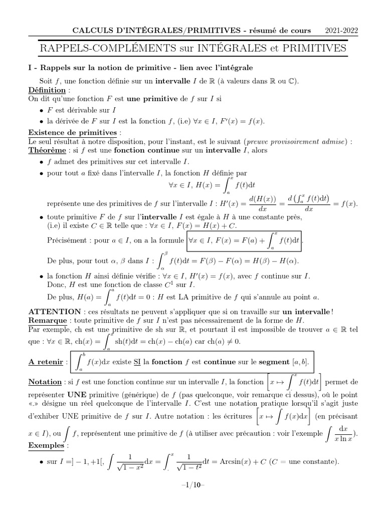 Résumé des Primitives et Intégrales | PDF | Intégral | Zéro d'une fonction