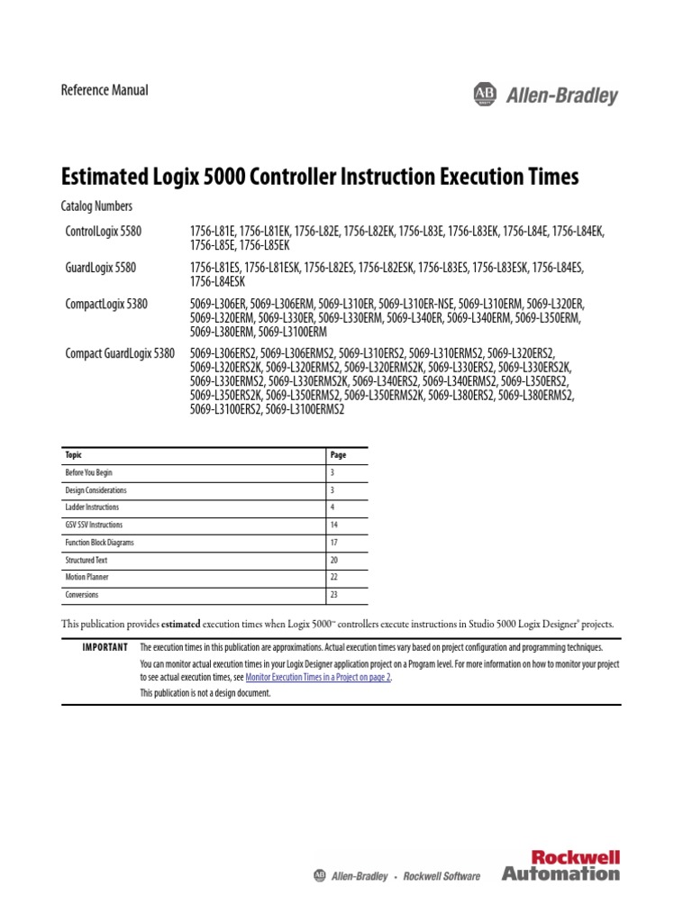 Estimated Logix 5000 Controller Instruction Execution Times: Reference Manual | PDF | Array Data ...