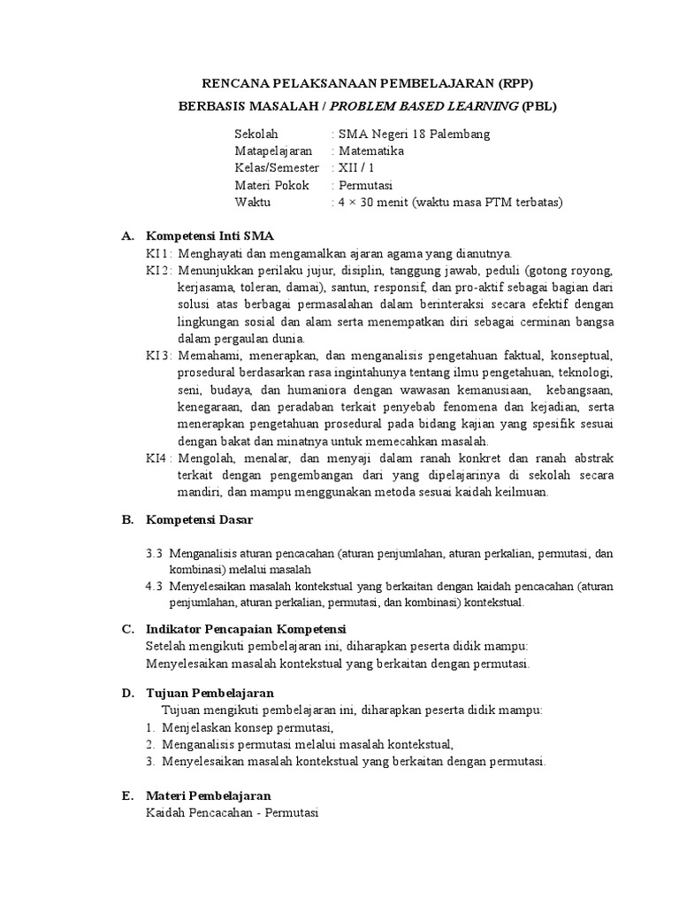 RPP - Pembelajaran Berbasis Masalah - Matematika Wajib XII - OK | PDF