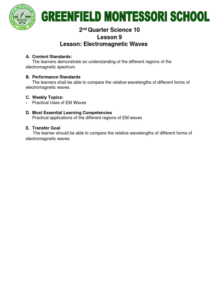 2 Quarter Science 10 Lesson 9 Lesson: Electromagnetic Waves: A. Content ...
