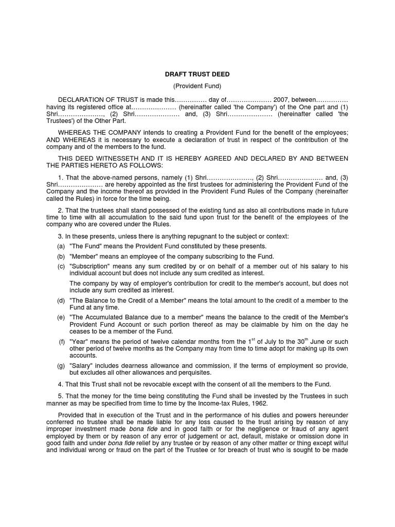 DRAFT TRUST DEED India | PDF | Expense | Trustee