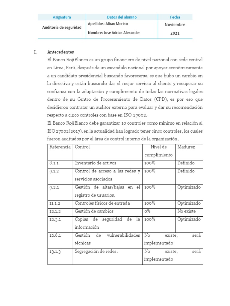 Trabajo 1 - Jose Adrian Alexander Alban Merino | PDF | Auditoría ...