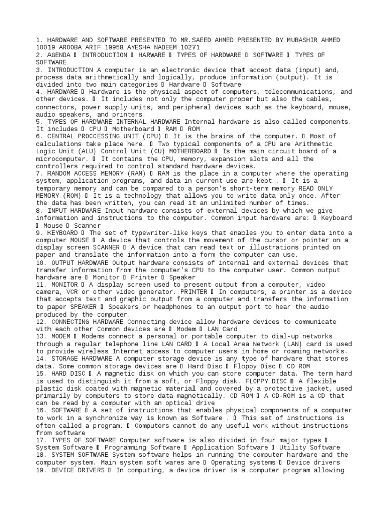 Hardware And Software Pdf Computer Hardware Input Output