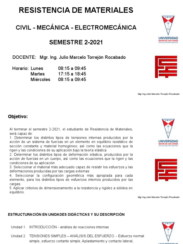 Resis de Materiales 1 Civ-Mec-Emec Plan Global | PDF | Resistencia de materiales | Elasticidad ...