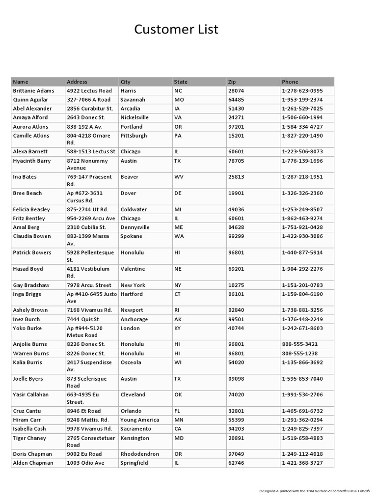 Customer List: Designed & Printed With The Trial Version of Combit ...