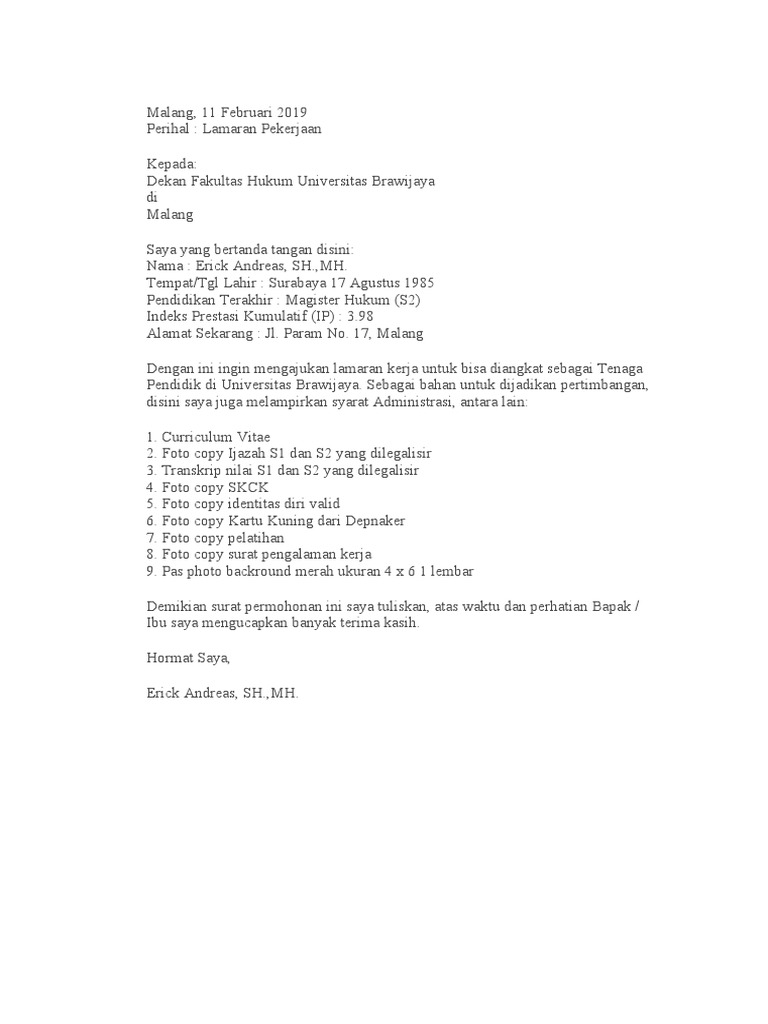 Contoh Surat Lamaran Dosen dan CV | PDF