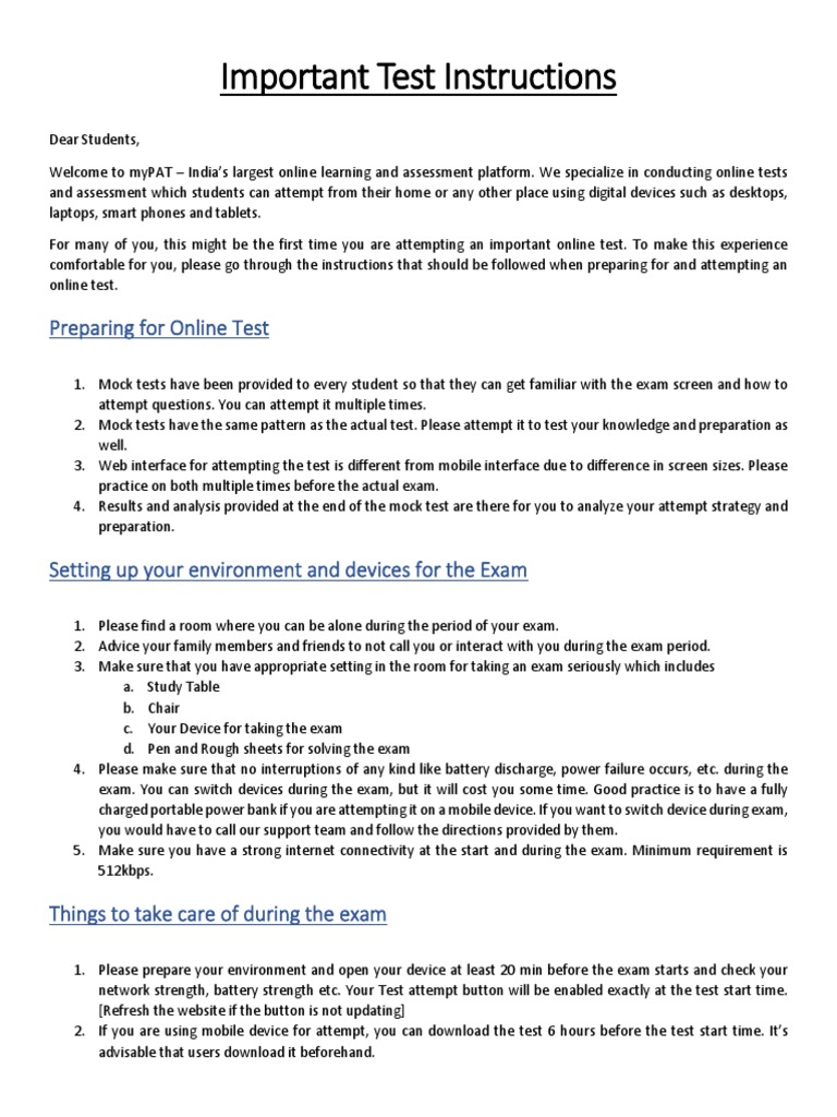 Important Test Instructions | PDF | Test (Assessment) | Educational ...