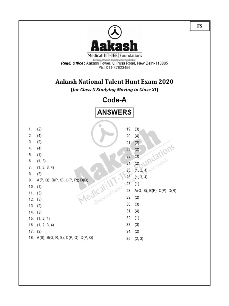 Aakash National Talent Hunt Exam 2020: Code-A Answers | PDF
