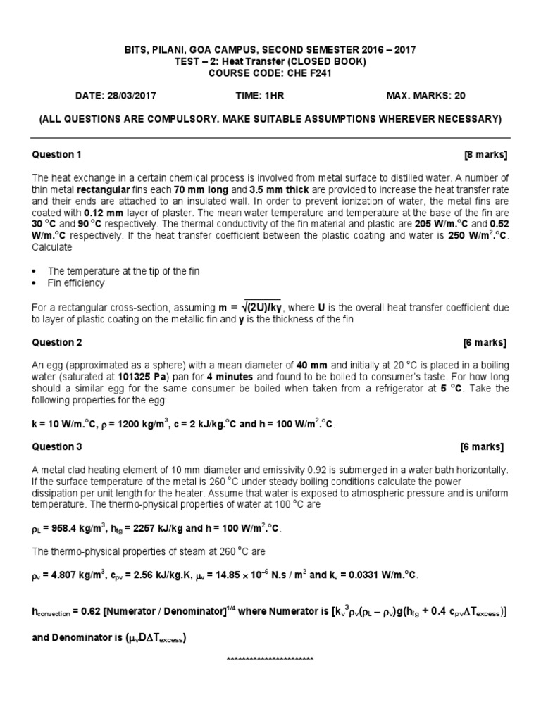 2016-17 T2 | PDF | Heat Transfer | Water