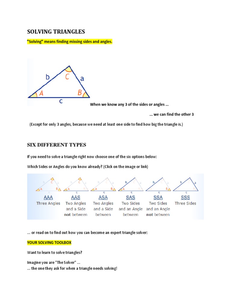 Solving Triangles: Six Different Types | PDF | Triangle | Trigonometric Functions