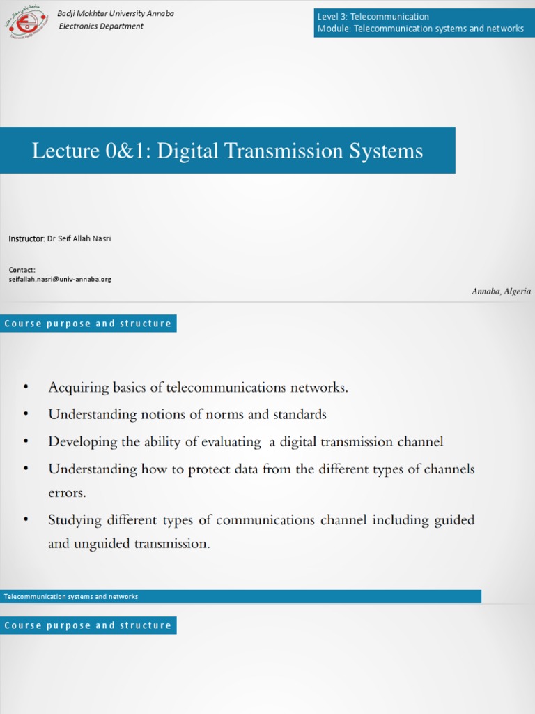 Lecture 0&1: Digital Transmission Systems: Level 3: Telecommunication ...