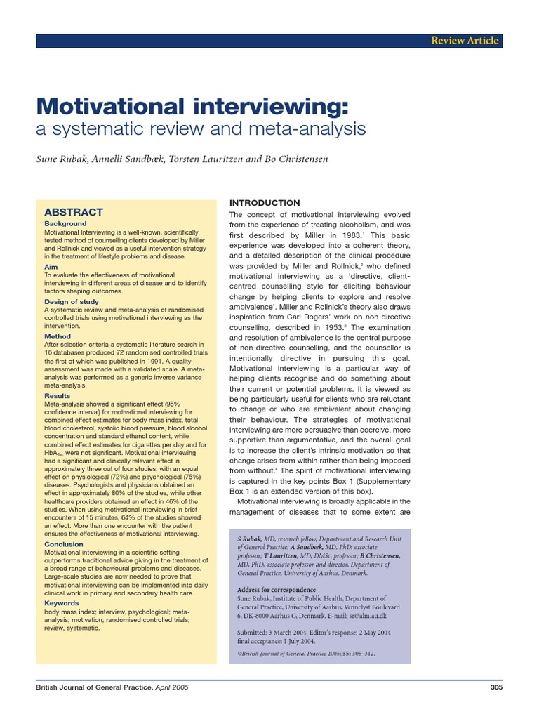 Motivational Interviewing | PDF | Randomized Controlled Trial | Meta ...