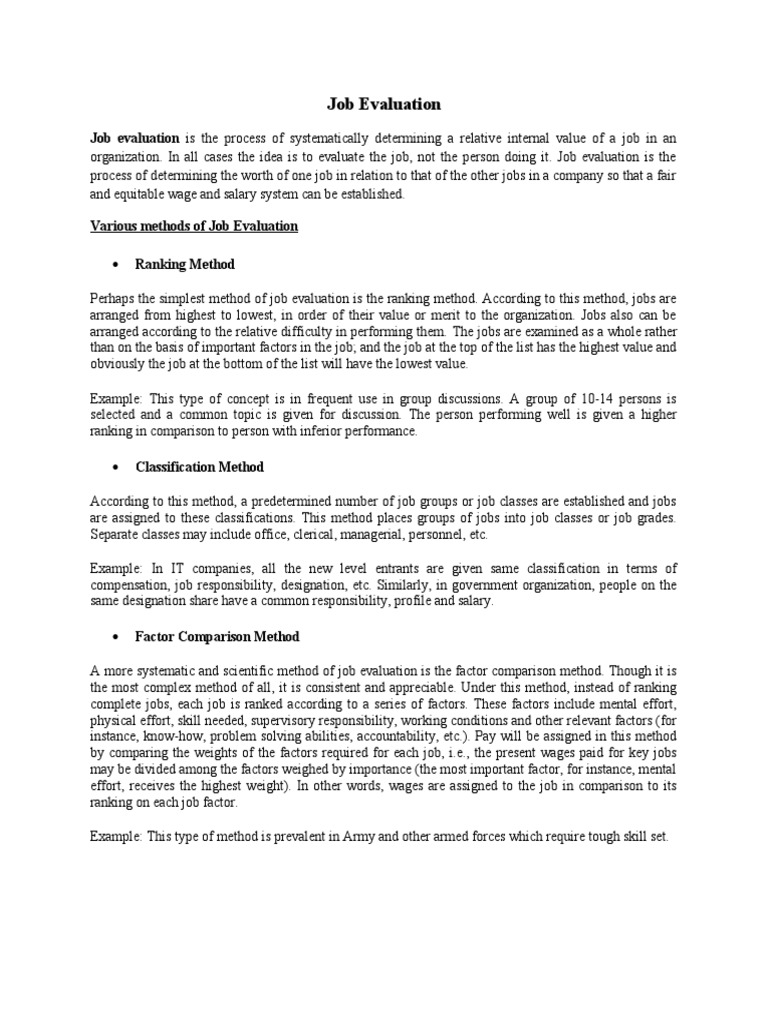 Job Evaluation: Job Evaluation Is The Process of Systematically ...