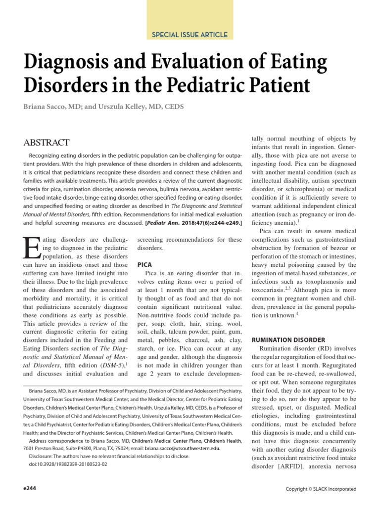 Diagnosis and Evaluation of Eating Disorders in The Pediatric Patient ...