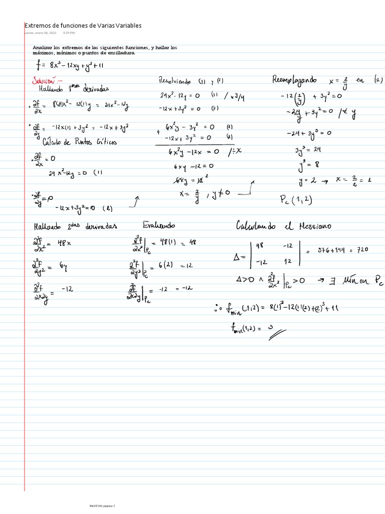 Ejercicio - Extremos de Funciones de Varias Variables | PDF