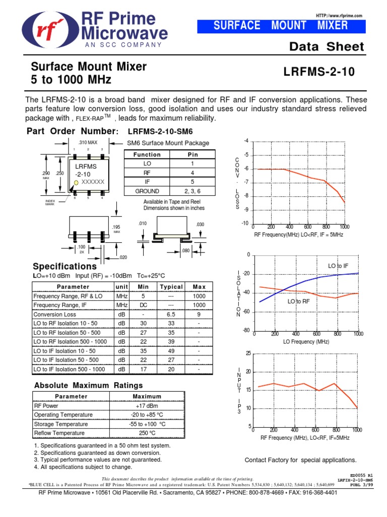 RF Prime Microwave: Surface Mount Mixer Data Sheet Lrfms-2-10 5 To 1000 ...