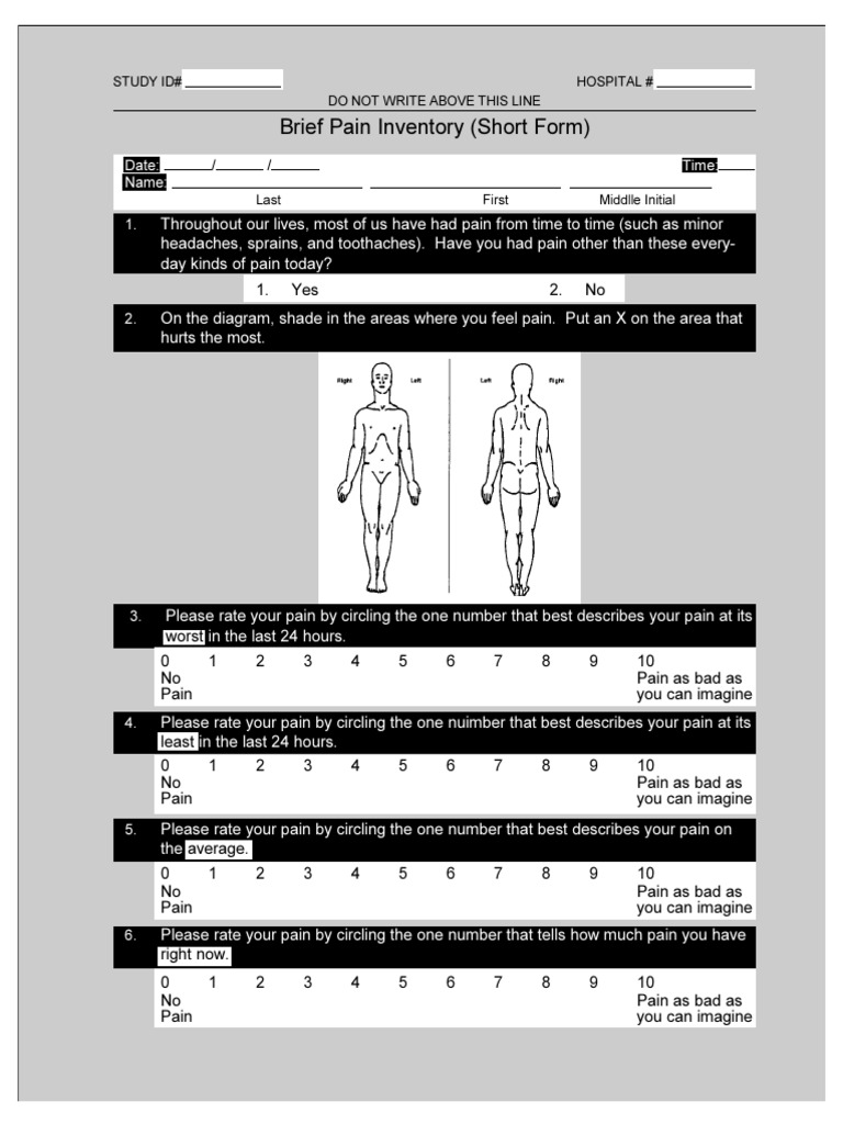 Brief Pain Inventory (Short Form) : Date: Time: Name | Download Free ...