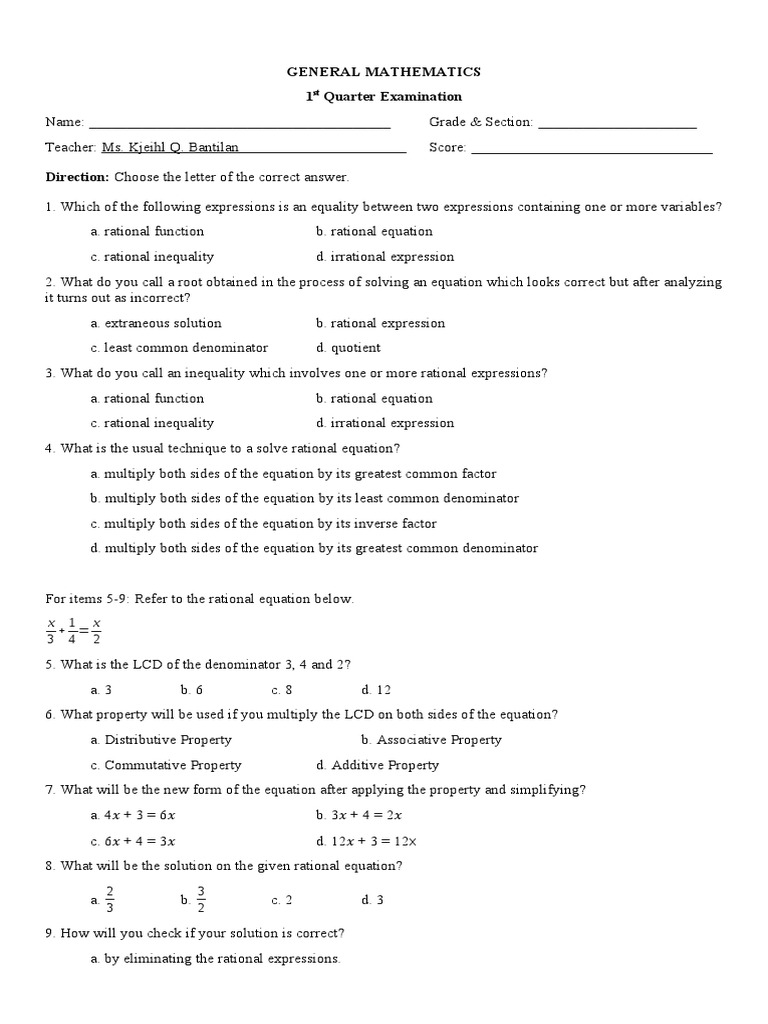 Gen Math 1st Quarter Exam Without Answer Key | PDF | Equations ...