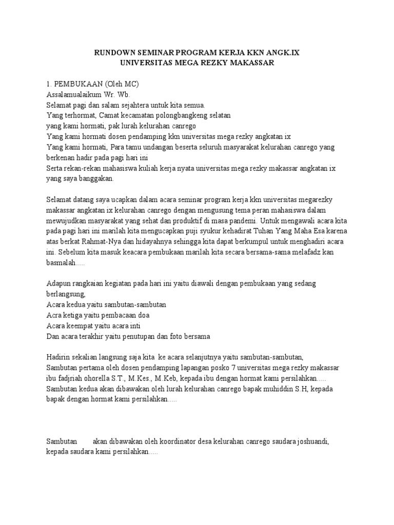 Rundown Seminar Program Kerja KKN Angk | PDF