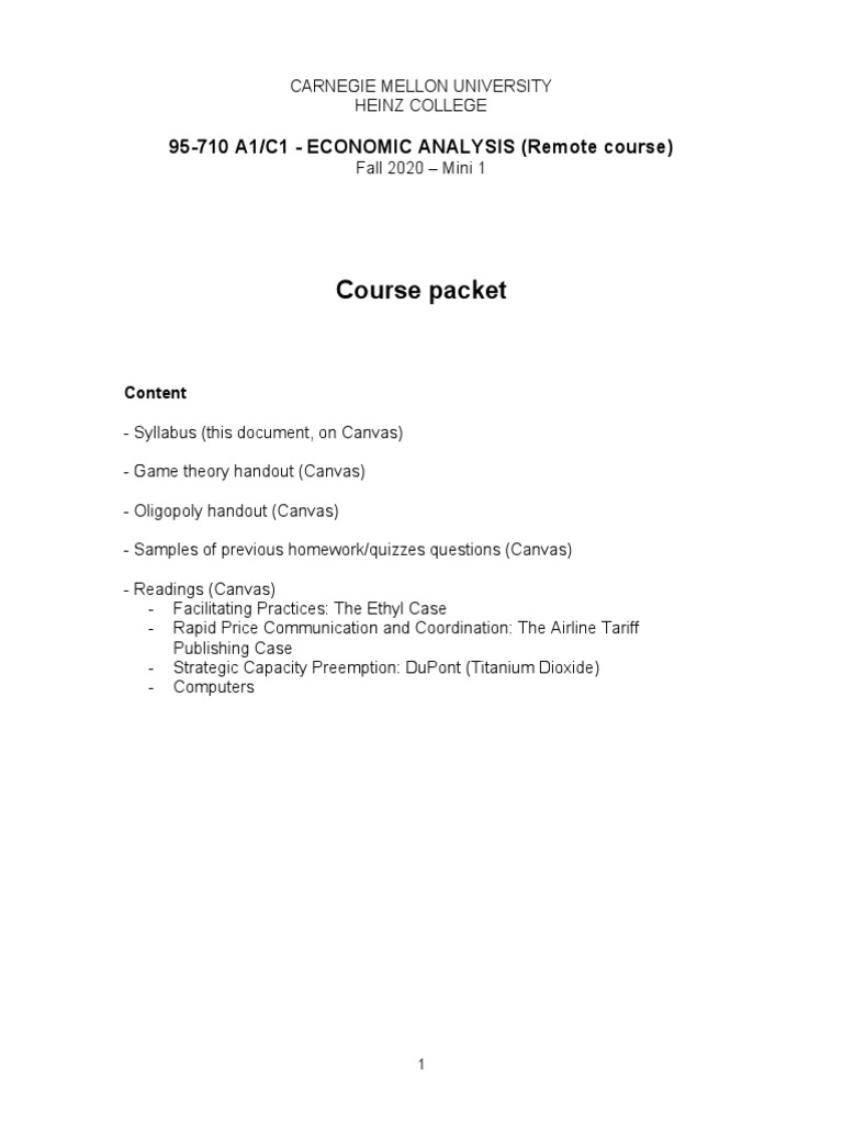 Course Packet: 95-710 A1/C1 - ECONOMIC ANALYSIS (Remote Course) | PDF ...