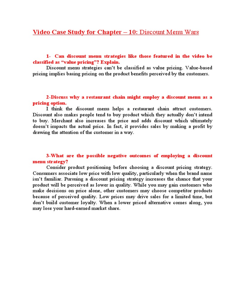 Video Case Study For Chapter - 10: Discount Menu Wars | PDF