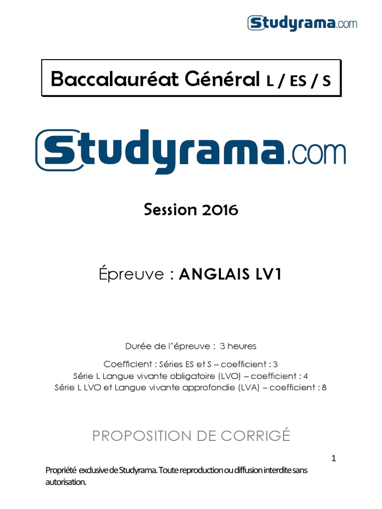 Bacs Anglais Lv1 Corrige 2016 | PDF