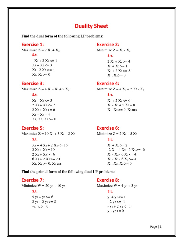 Duality Sheet: Exercise 1: Exercise 2 | PDF | Mathematical Analysis ...