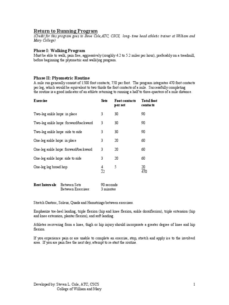 Return To Running Program Steve Cole WM Mary | PDF | Anatomical Terms ...