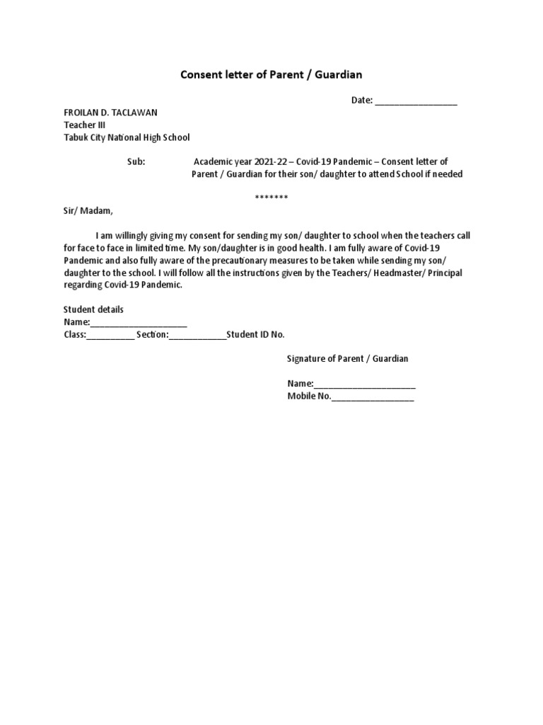 Consent Letter of Parent / Guardian | PDF | Wellness