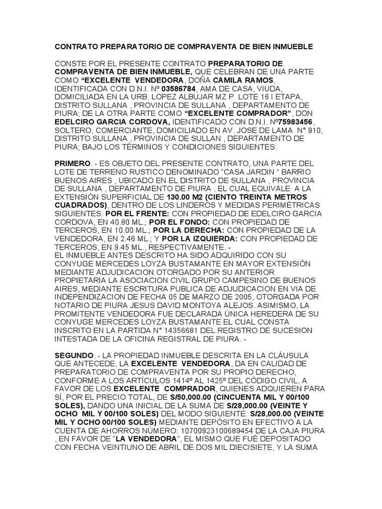 Contrato Preparatorio de Compraventa de Bien Inmueble | PDF | Derecho privado | Derecho civil ...
