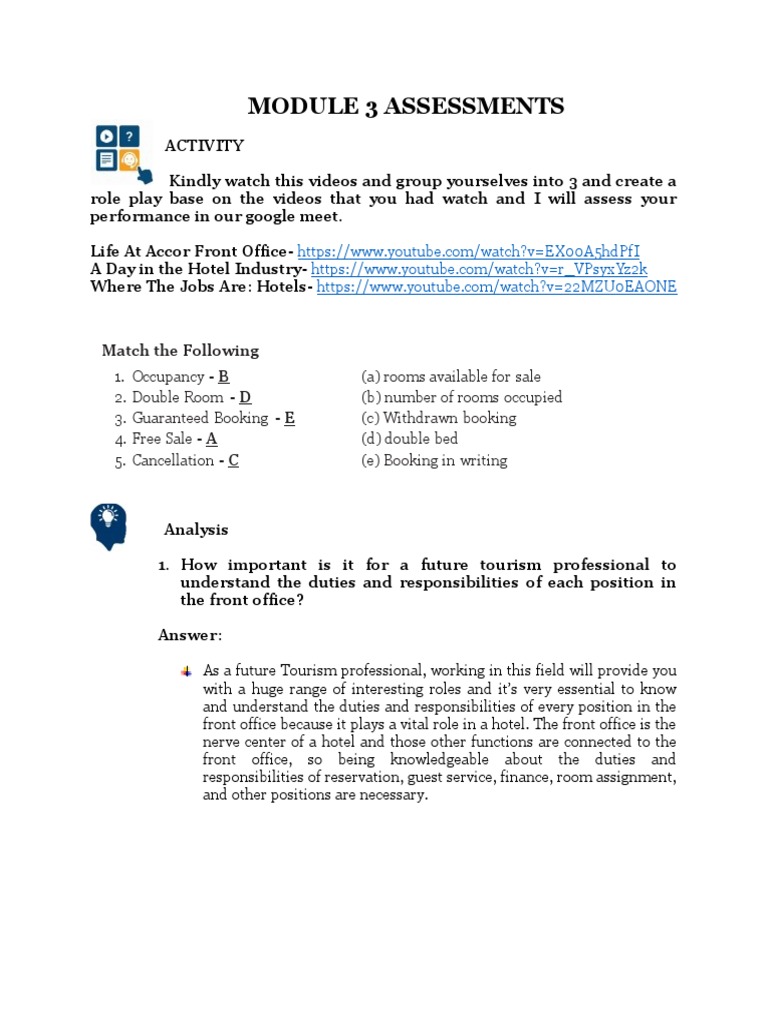 Module 3 Assessments: Match The Following | PDF | Airlines | Hotel Module 3 Assessments: Match The Following | PDF | Airlines | Hotel