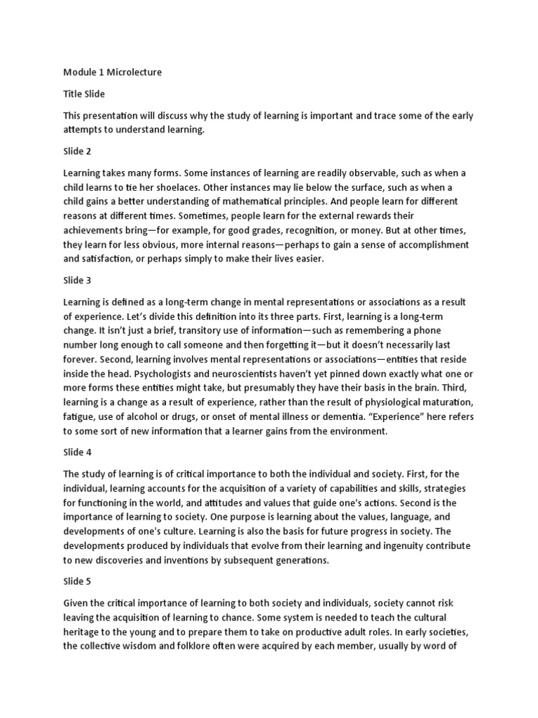 Module 1 Microlecture Transcript | PDF | Learning | Reality