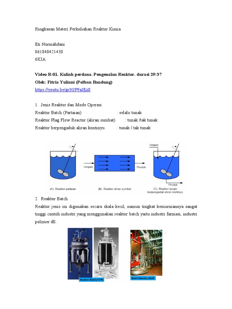 Ringkasan Materi Perkuliahan Reaktor Kimia | PDF