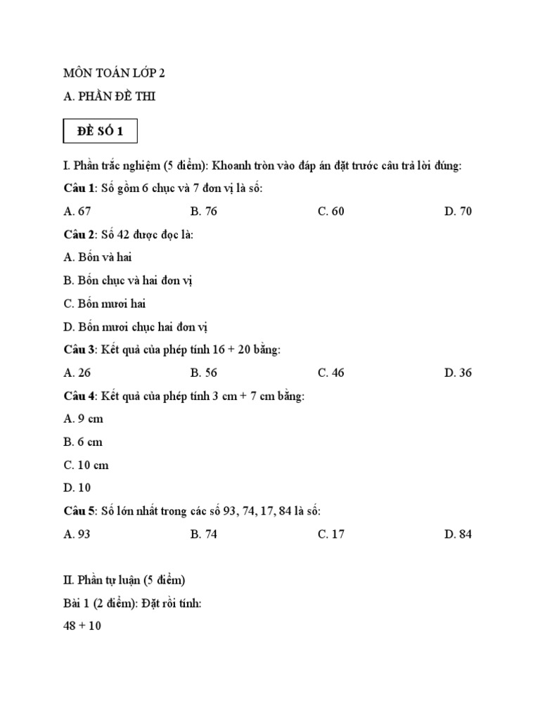 De Thi Khao Sat Chat Luong Dau Nam Toan Lop 2 | PDF