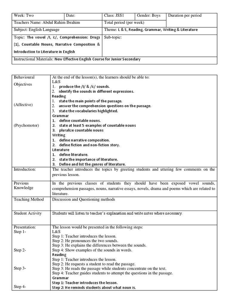 WK 2 JSS1 | PDF | Reading Comprehension | English Language