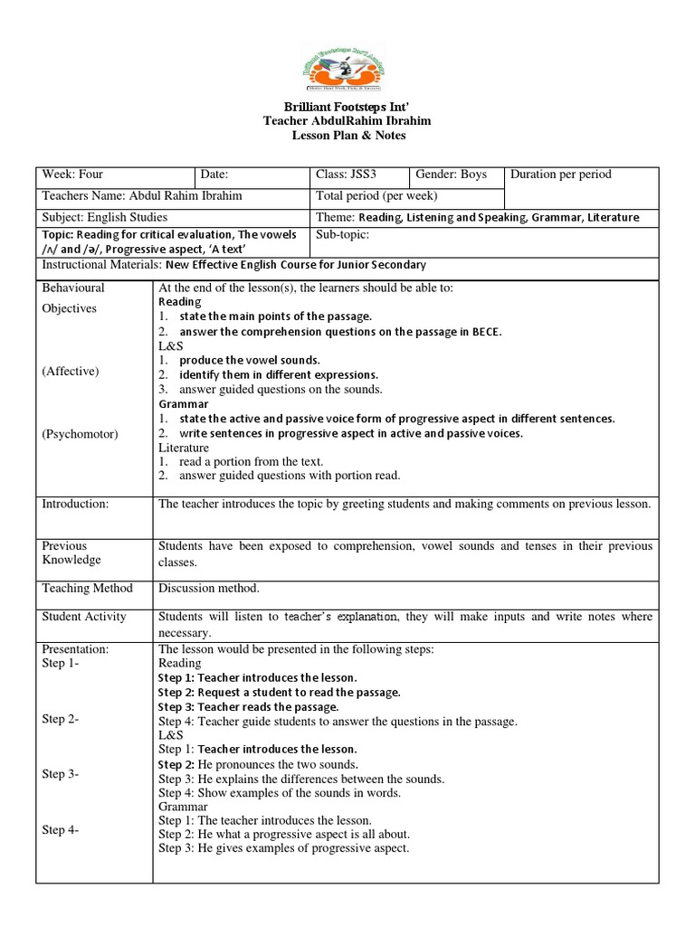 Brilliant Footsteps Int' Teacher Abdulrahim Ibrahim Lesson Plan & Notes ...