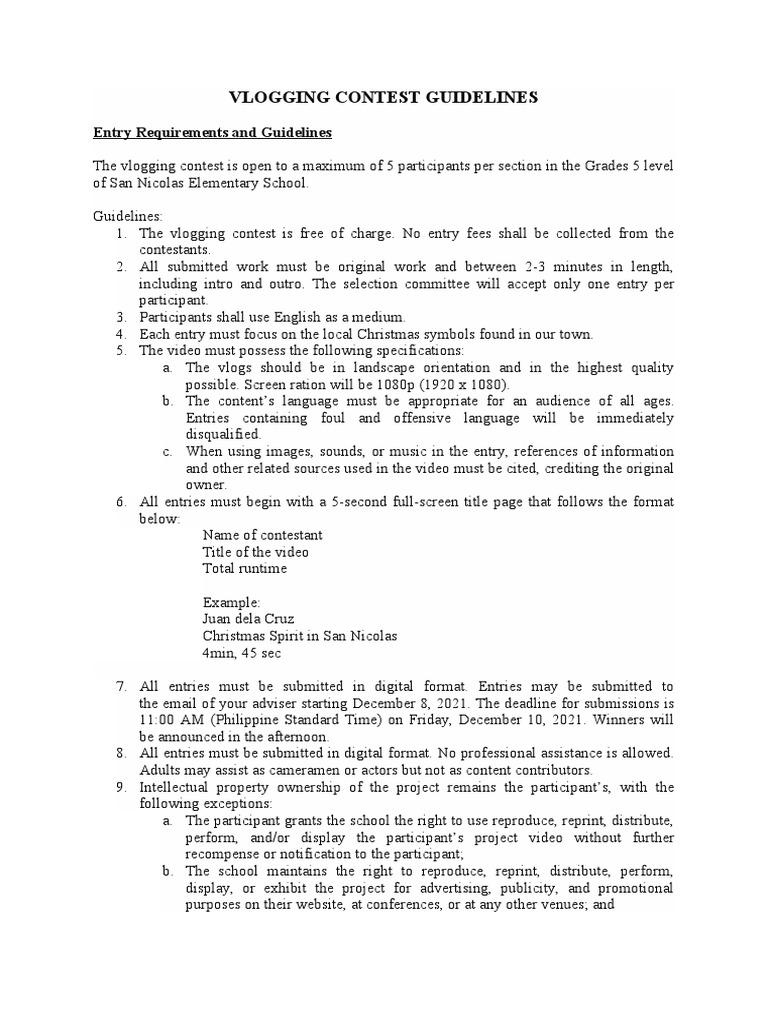 Vlogging Contest Guidelines: Entry Requirements and Guidelines | PDF ...